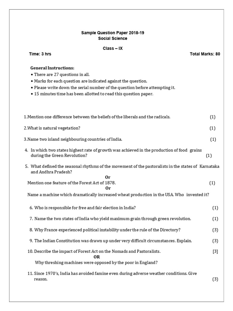9th Social Science Sample Question Paper | PDF | Elections | Poverty