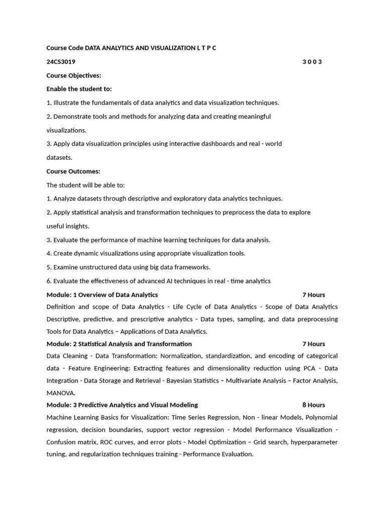 24cs3019-Data Analytics and Visualization | PDF | Data Analysis | Analytics