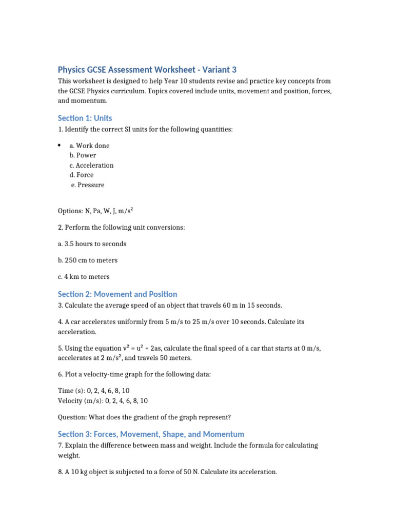 Physics GCSE Worksheet Variant 3 | PDF