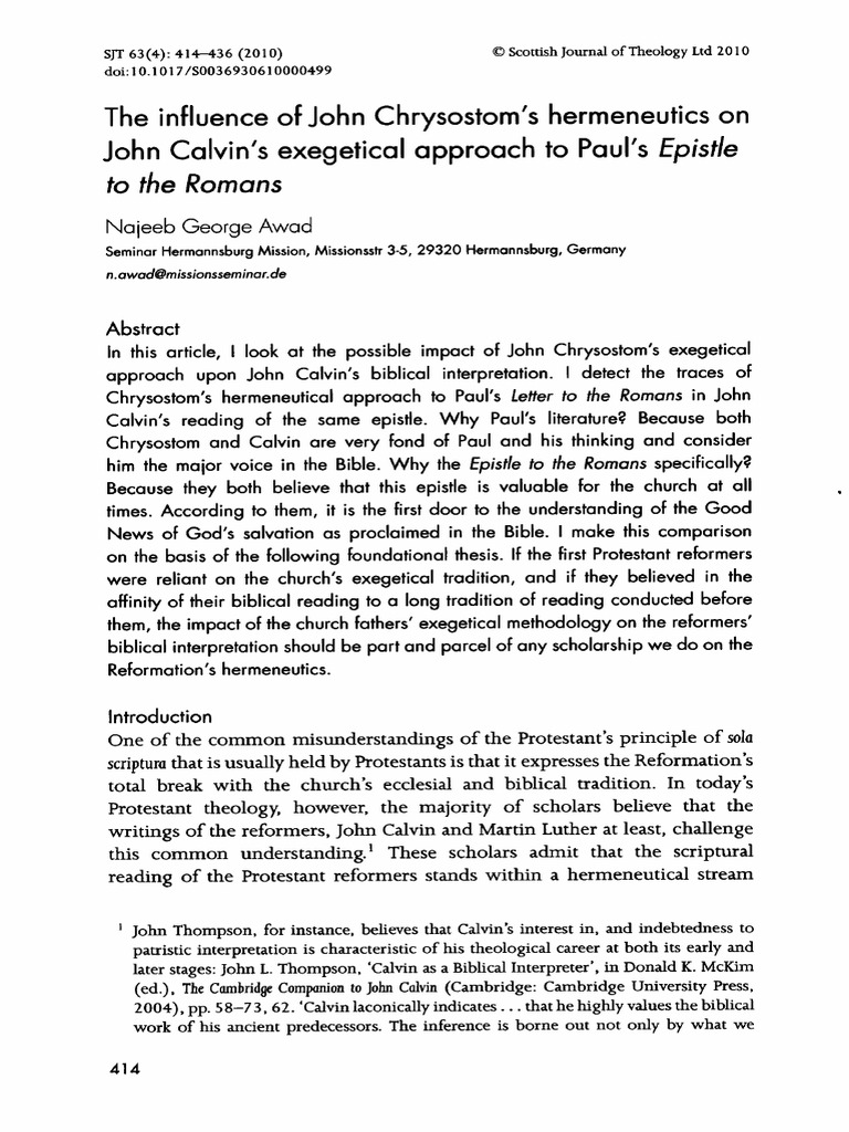 (Awad) The Influence of John Chrysostom's Hermeneutics On Calvin | PDF ...