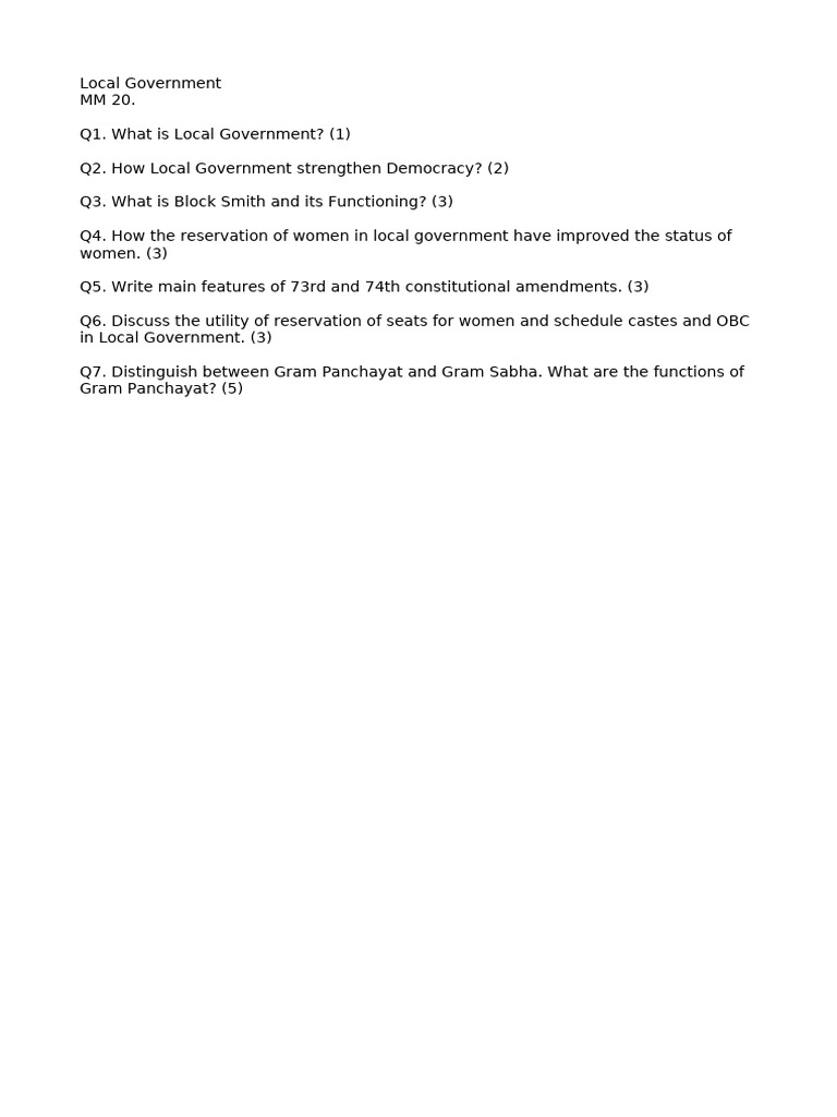 Local Government Class 11th Test 2 | PDF