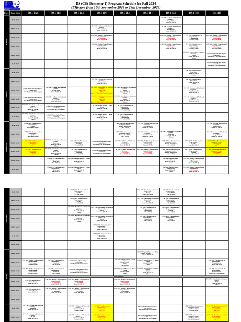 BSCS (1st & 2nd Years Semester) Program Classes Schedule for Fall 2024 ...