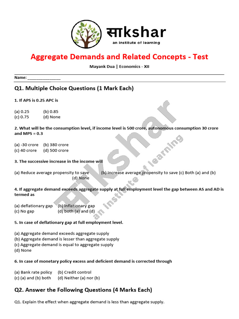 Economics Quiz for Class XII Students | PDF | Inflation | Aggregate Demand