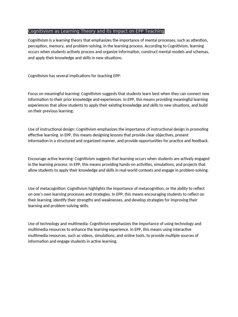 Cognitivism As Learning Theory and Its Impact On EPP Teaching | PDF