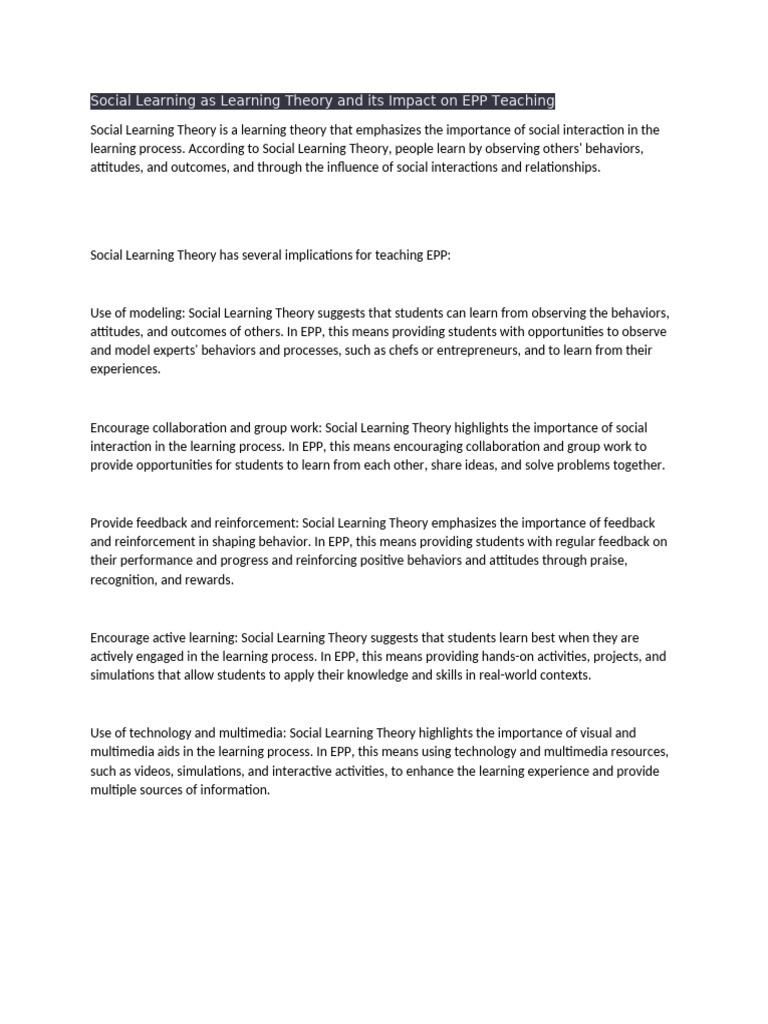 Social Learning Theory in EPP Teaching | PDF