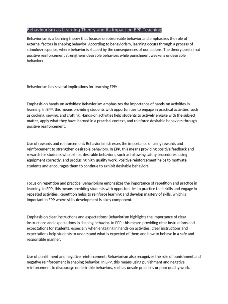 Behaviourism As Learning Theory and Its Impact On EPP Teaching | PDF ...