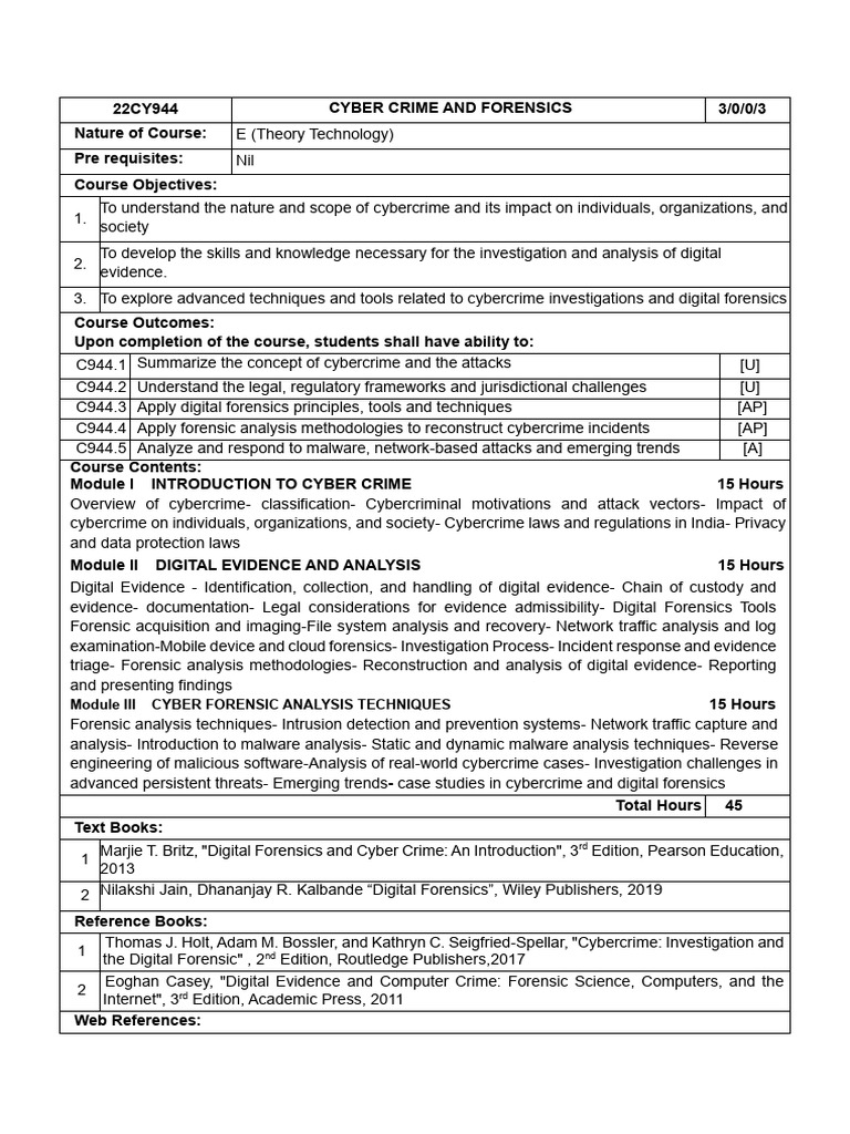 22CY944_Cyber Crime and Forensics_Syllabus | PDF | Cybercrime | Digital ...