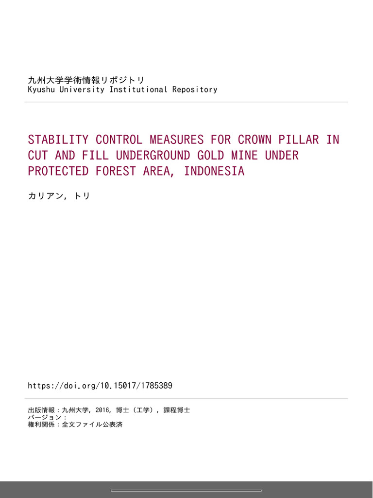 STABILITY CONTROL MEASURES FOR CROWN PILLAR IN CUT AND FILL UNDERGROUND ...