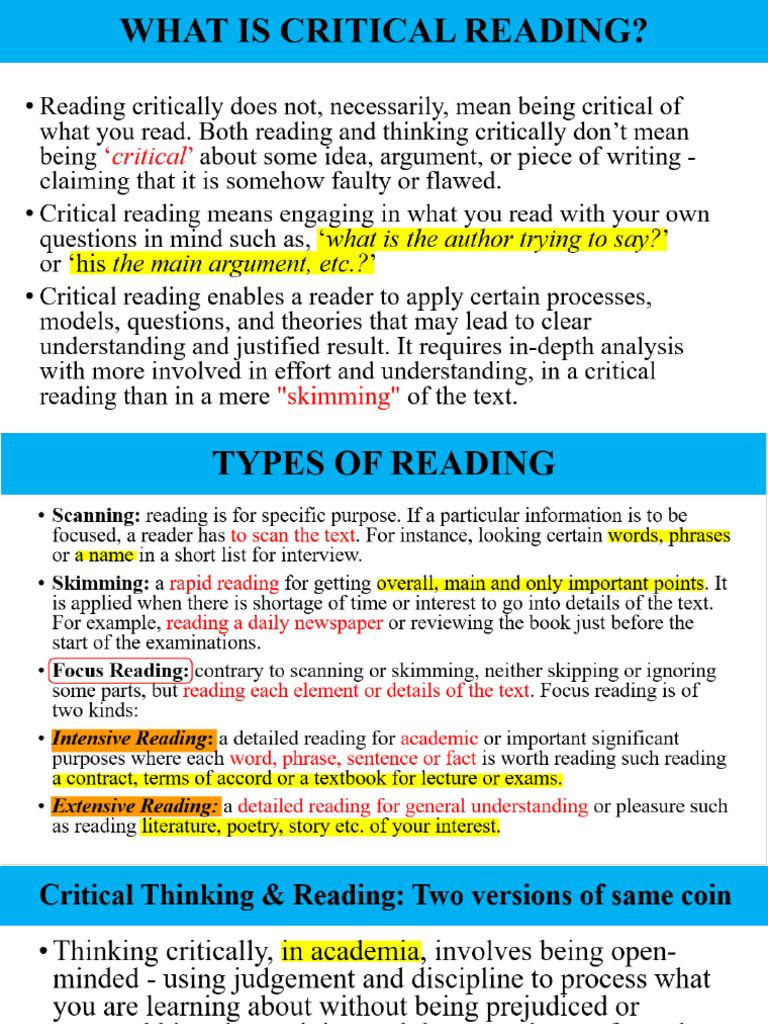 Critical Reading, Types and SQ3R | PDF