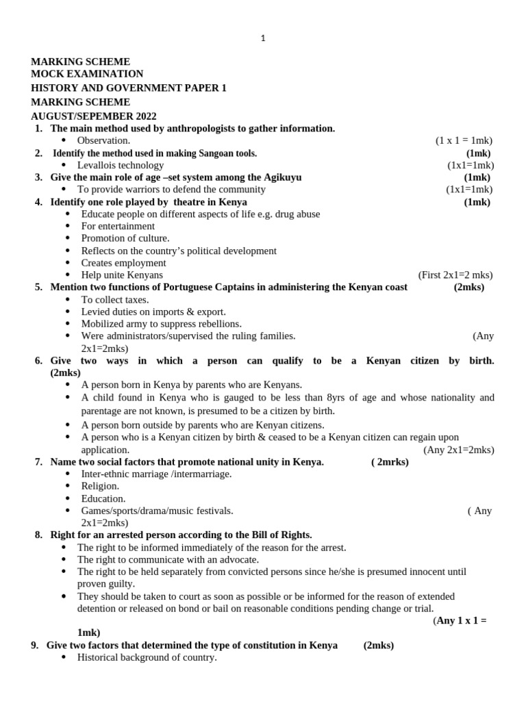 History - Government P1 MS Maranda High School Mock 2022 | PDF | Kenya