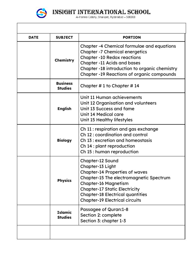 Grade-9 Timetable & Portion SEP 2024 | PDF