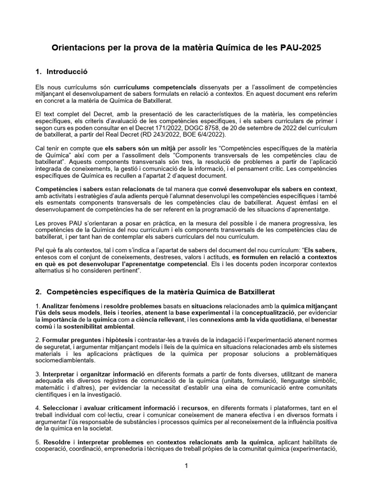PAU25 Química Orientacions | PDF