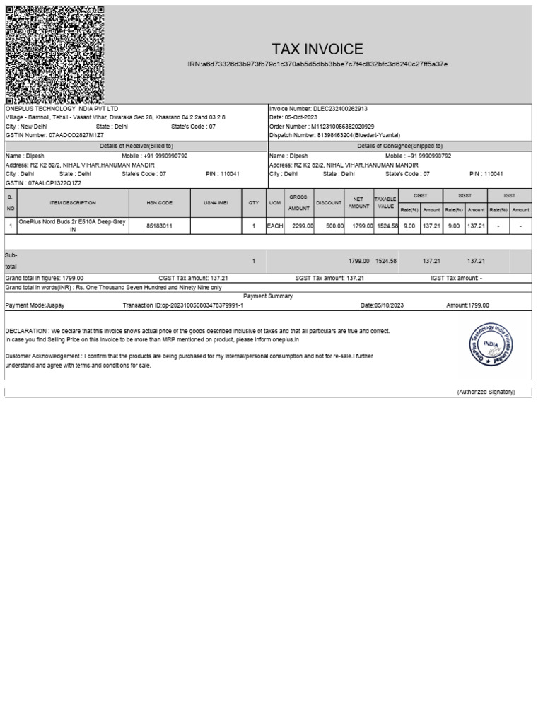 OnePlus Tax Invoice - October 2023 | PDF | Invoice | Money