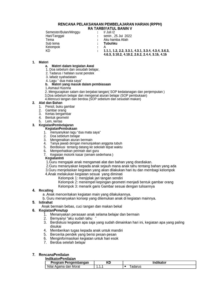 Rencana Pelaksanaan Pembelajaran Harian (RPPH) Ra Tarbiyatul Banin V | PDF