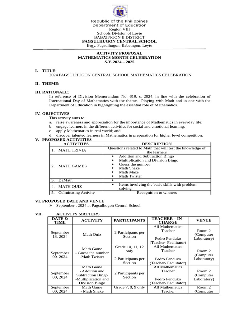 2024 Math Month Celebration Proposal | PDF | Mathematics | Behavior ...