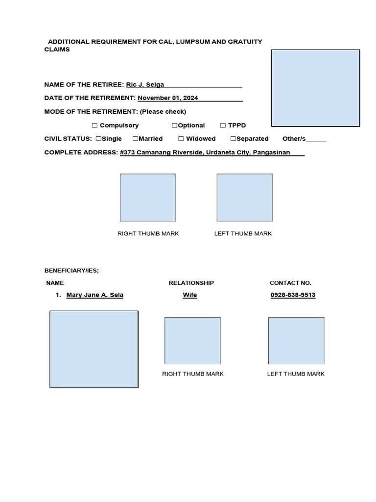 CAL, Lumpsum & Gratuity Claims Form | PDF