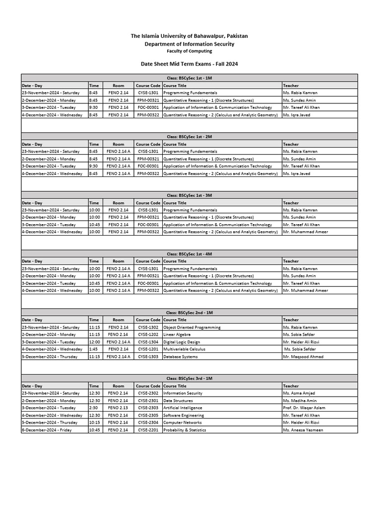 UPDATED 2-12-2024 Datesheet Mid Term Exams FALL 2024 Dept of ...