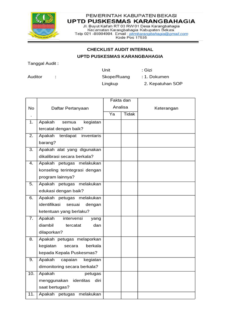 Checklist Audit Gizi | PDF