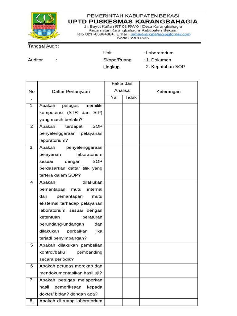 Checklist Audit Laboratorium | PDF