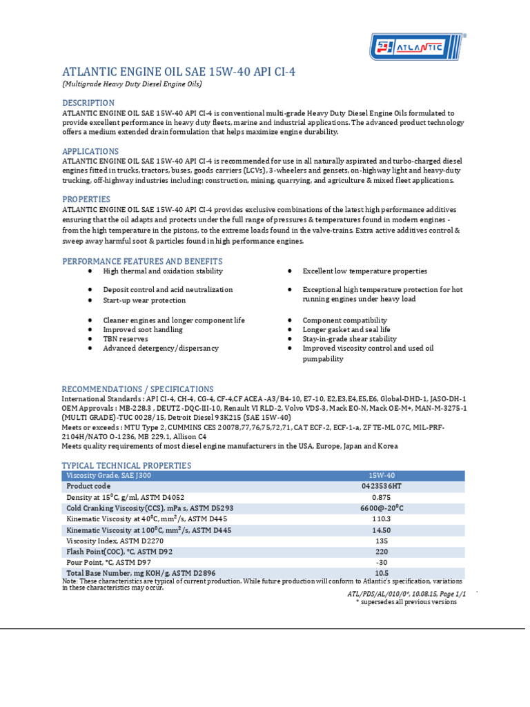 Tds - Sae 15w-40 API Ci-4 Atlantic Engine Oil | PDF | Motor Oil | Materials
