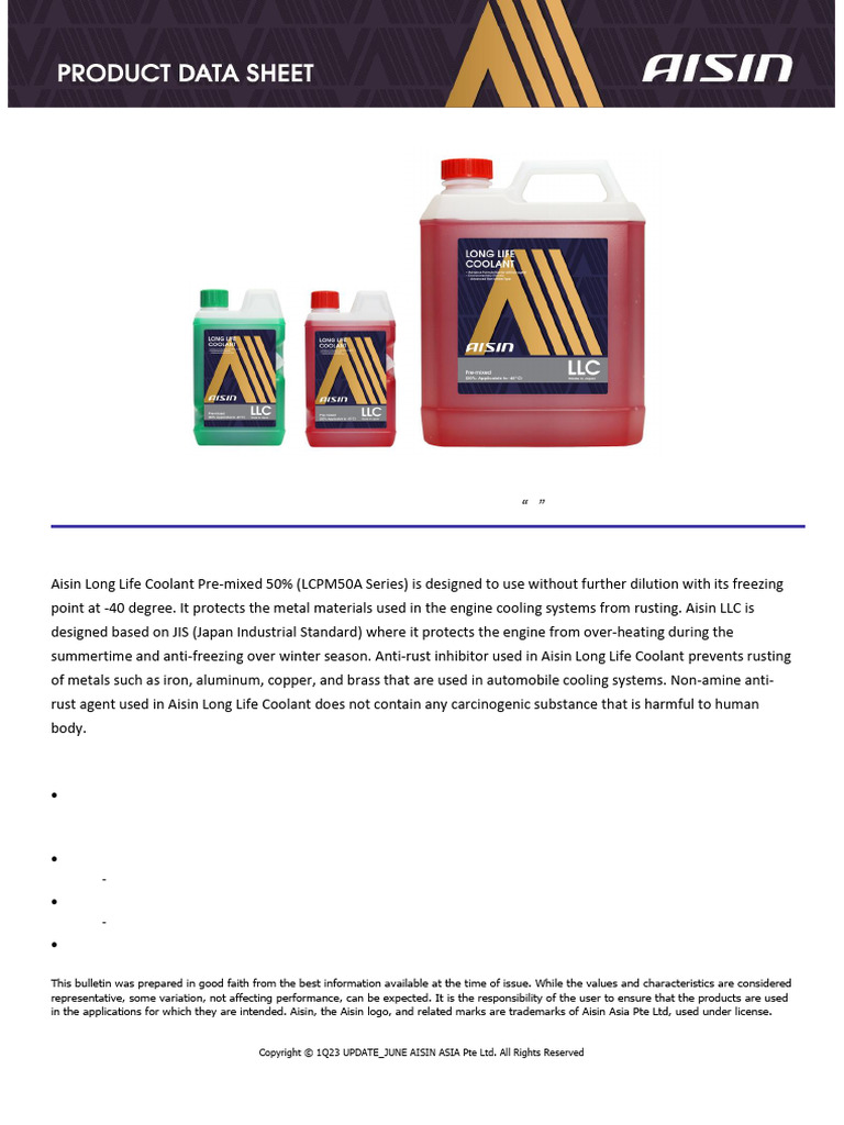Aisin Long Life Coolant Premixed 50 Pds 2023 | PDF | Materials | Chemical Substances