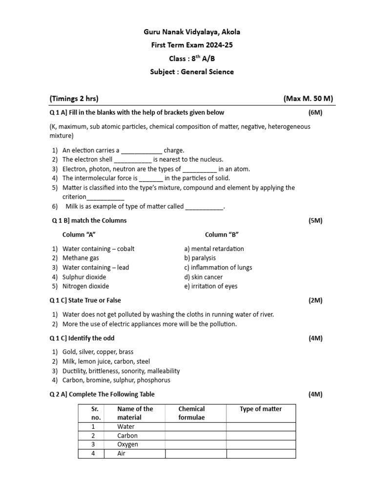 VIIIth Sci First Term 24-25 | PDF | Chemical Elements | Atoms
