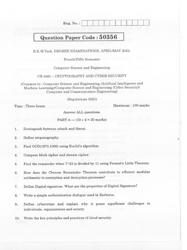 Cryptography And Cyber Security Cb3491 2021 Regulation Question