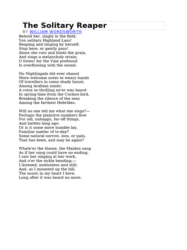 The Solitary Reaper | PDF | Metaphor | Poetry