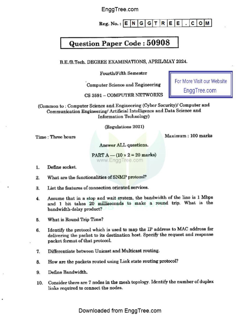 Cs3591 Computer Networks Apr May 2024 Question Paper Download Pdf