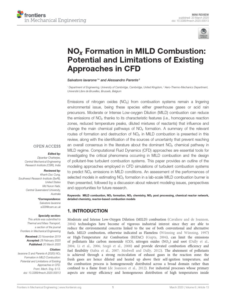 NOx Formation in MILD Combustion Potential and Limitations of Existing Approaches in CFD | PDF ...