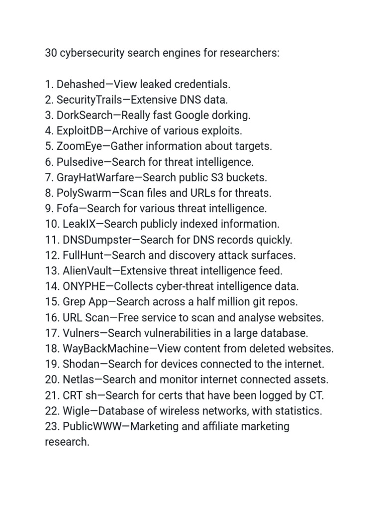 30 Cybersecurity Search Engines For Researchers | PDF