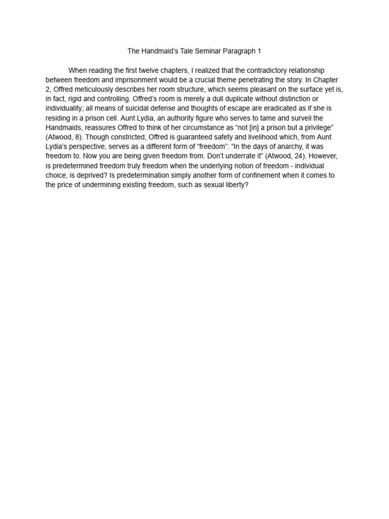 The Handmaid's Tale Ch. 1-12 Seminar Paragraph | PDF
