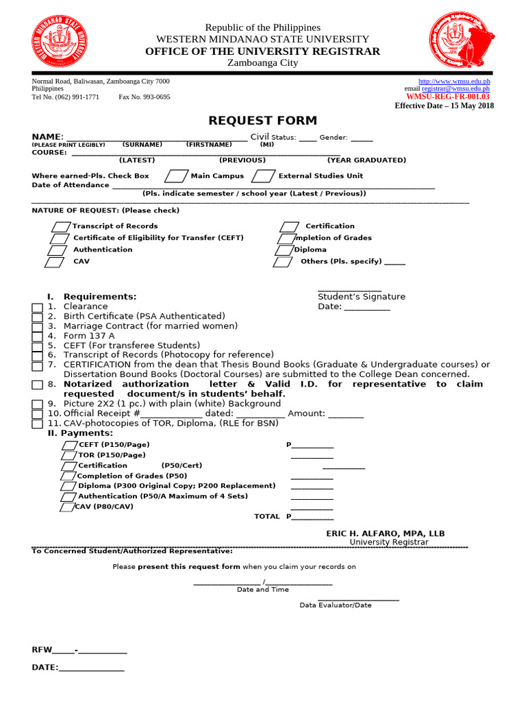 Registrar Request Form | PDF | Thesis | Academia