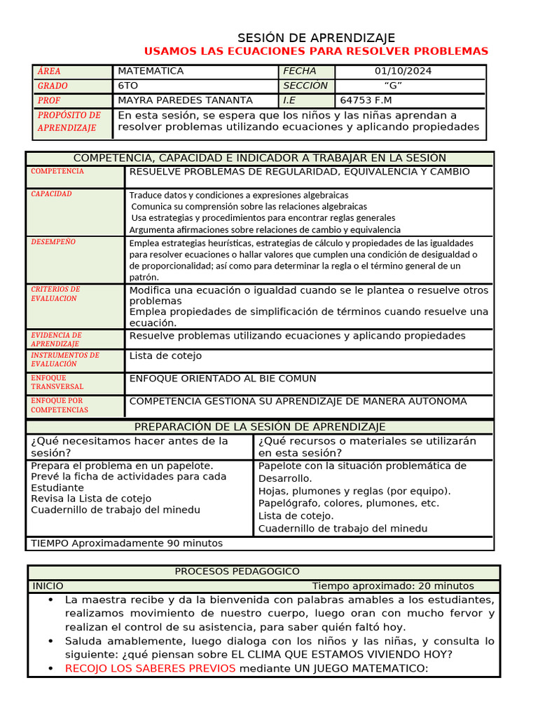 Sesion Matematica Ecuaciones para Resolver Problemaslibro | PDF | Ecuaciones | Aprendizaje