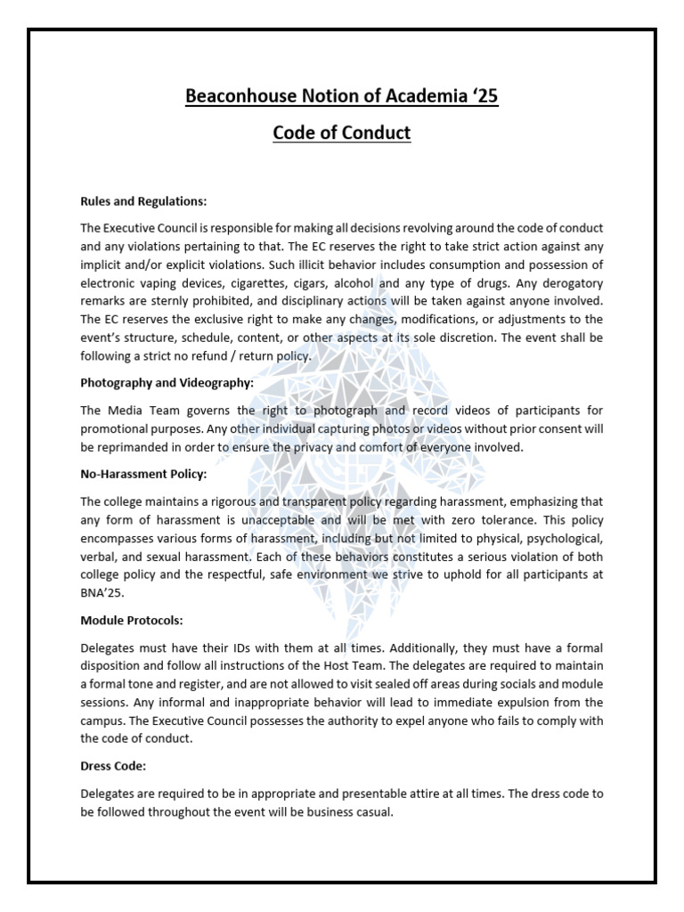 BNA'25 Code of Conduct | PDF | Harassment | Consent