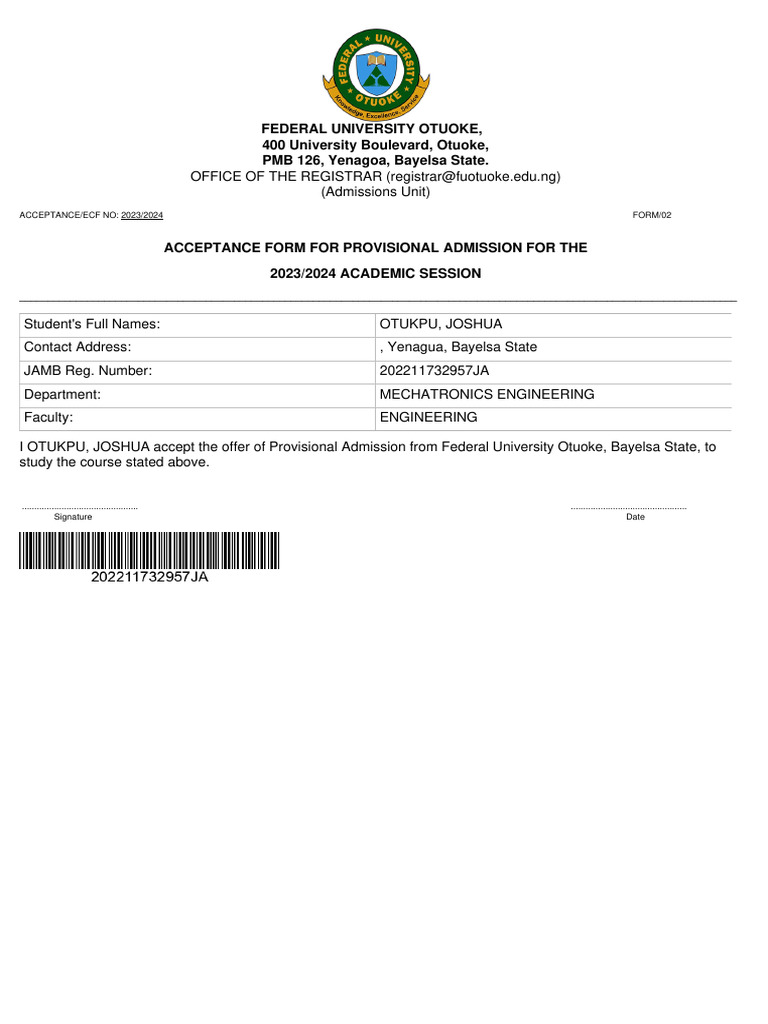 Provisional Admission Acceptance Form | PDF