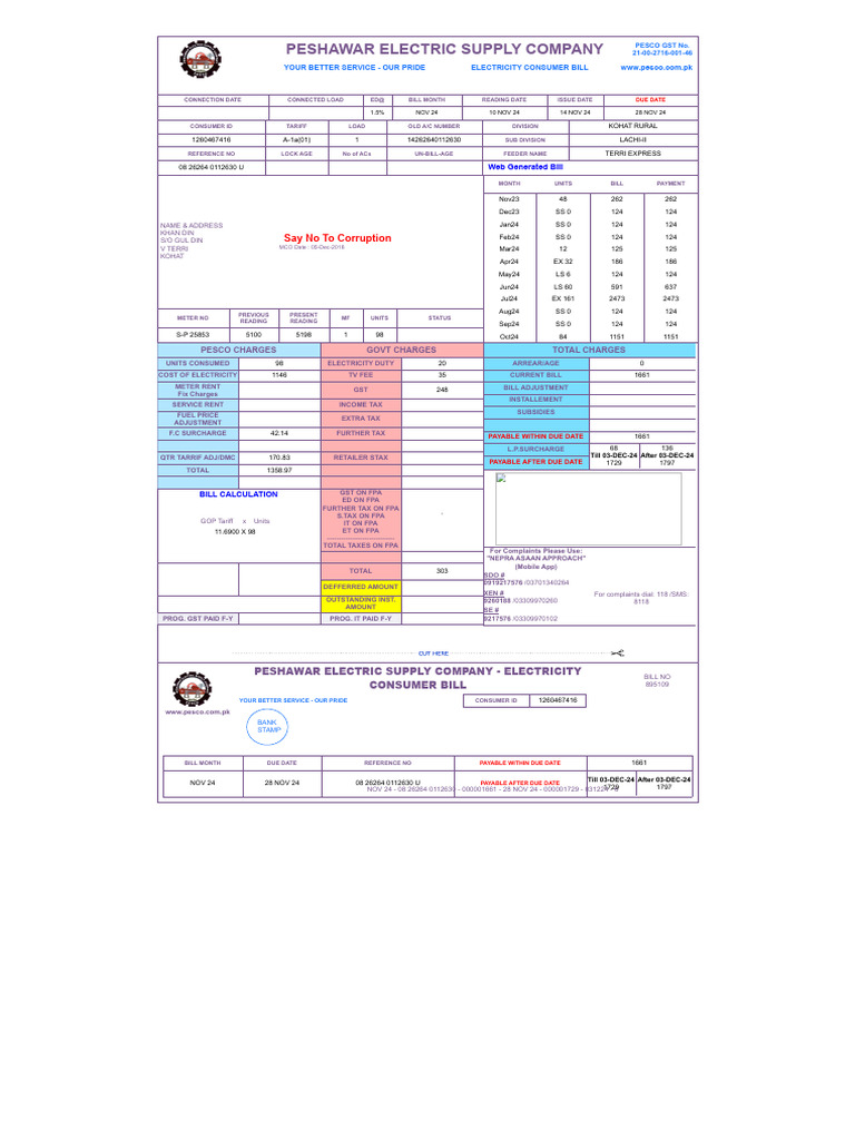 PESCO Electricity Bill for Nov 2024 | PDF | Taxes | Value Added Tax