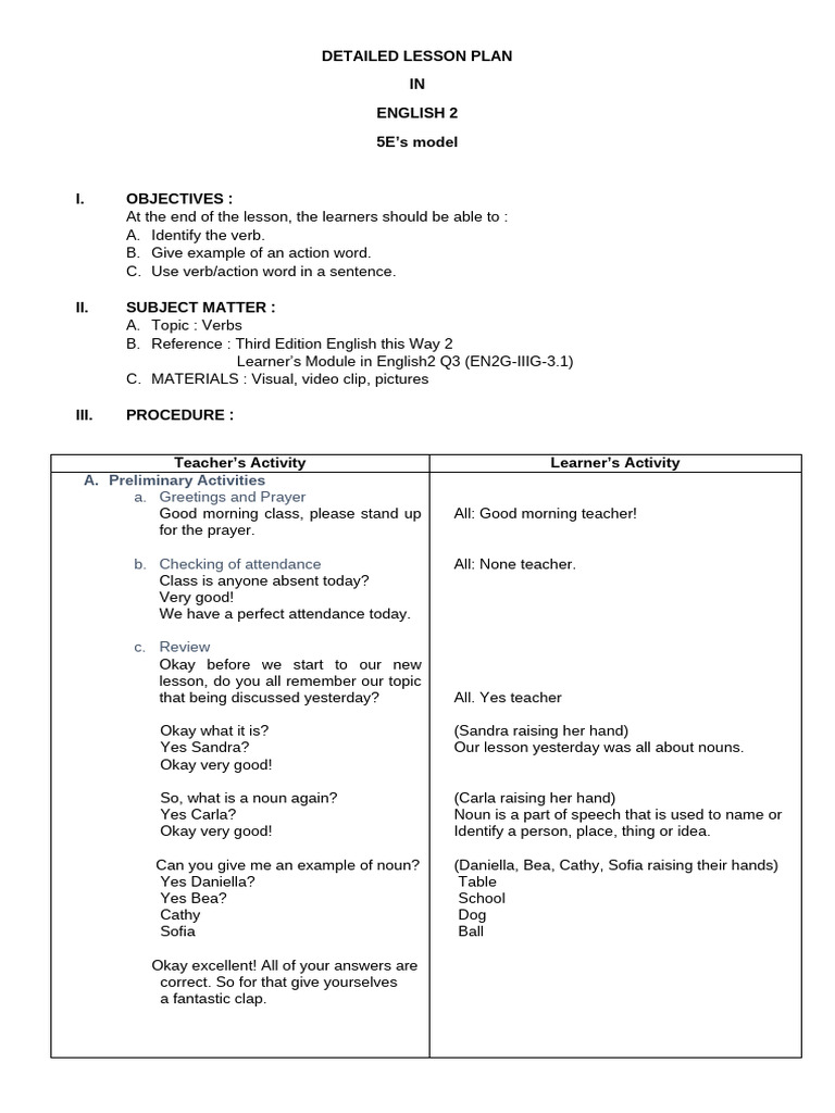Lesson Plan on Verbs for English 2 | PDF | English Language | Cognitive Science