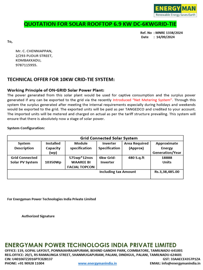 6kw Quotation For - C.channiappan 14-09-2024 | PDF | Solar Power ...