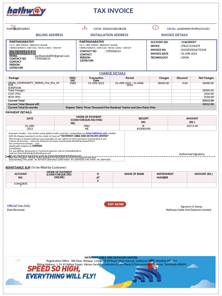 Tax Invoice for Hathway Internet Services | PDF | Payments | Cheque