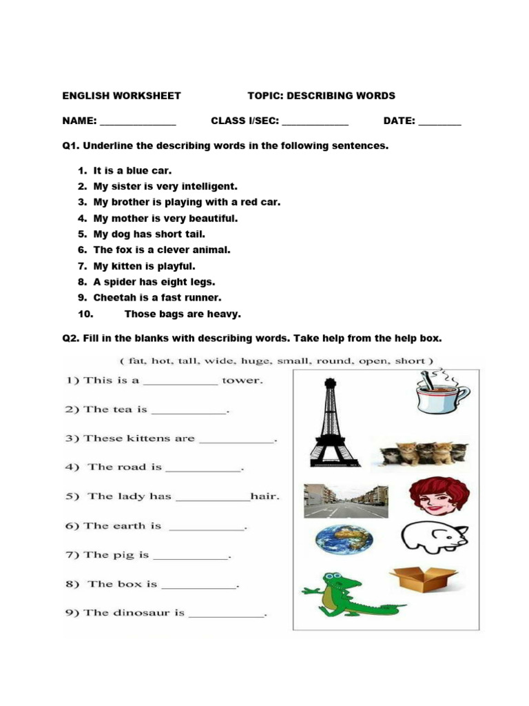 Class 1 English Worksheet 1 Pdf