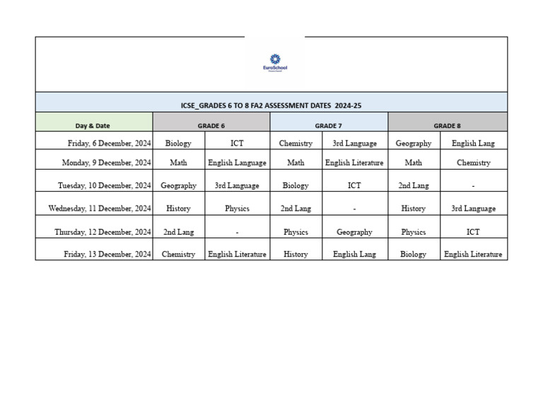 ICSE Grades 6-8 FA2 Assessment Dates 2024 | PDF