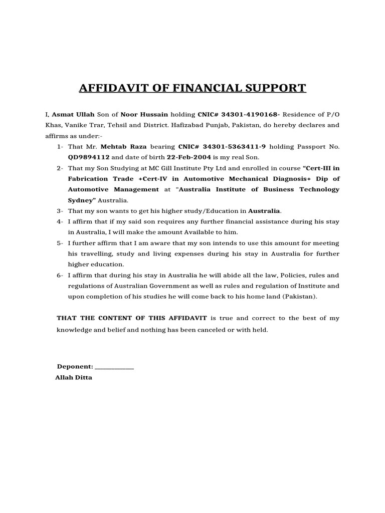 Affidavit of Financial Support | PDF