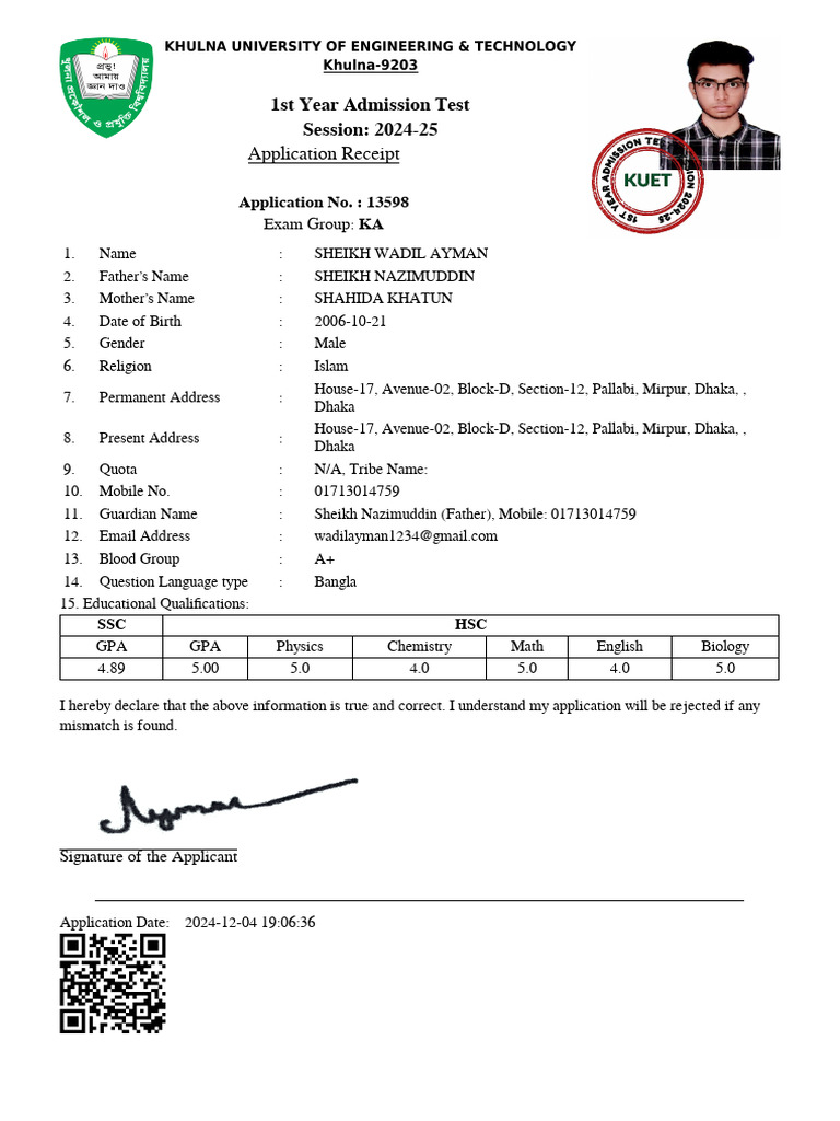 KUET 1st Year Admission Receipt 2024 | PDF