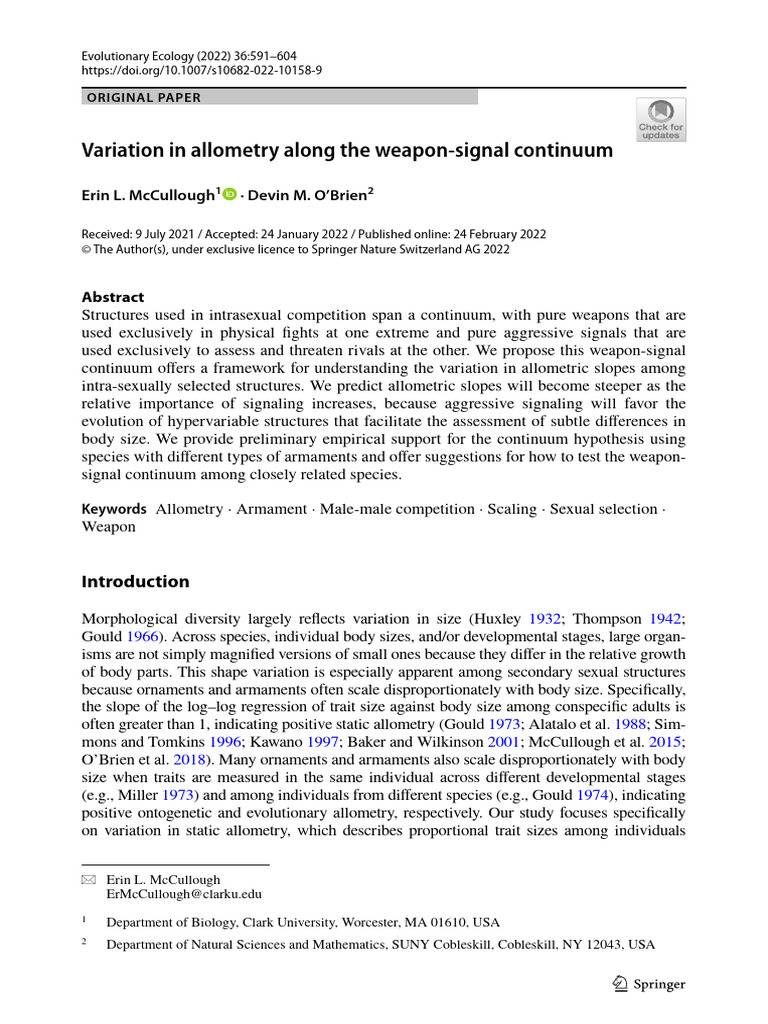 Variation in allometry along the weapon‑signal continuum | PDF | Sexual Selection | Evolution