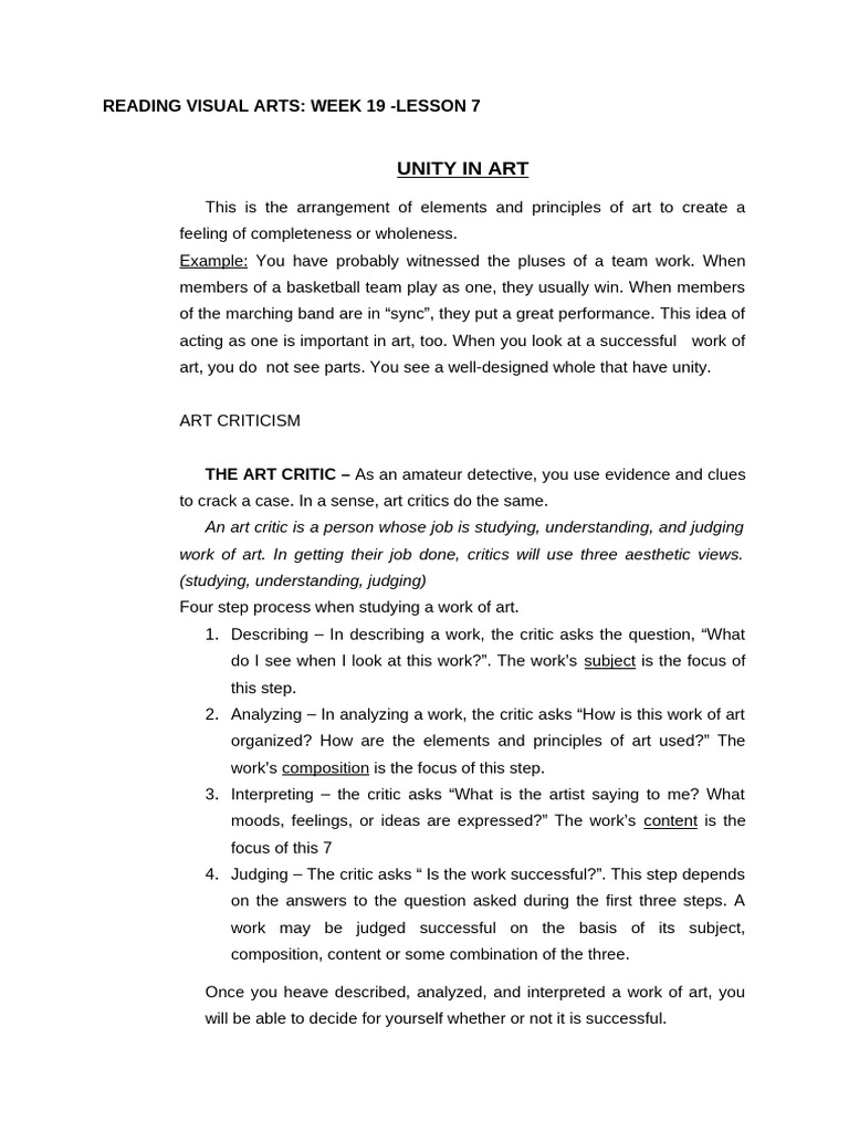 Reading Visual Arts Week 19 Lesson 7 | PDF