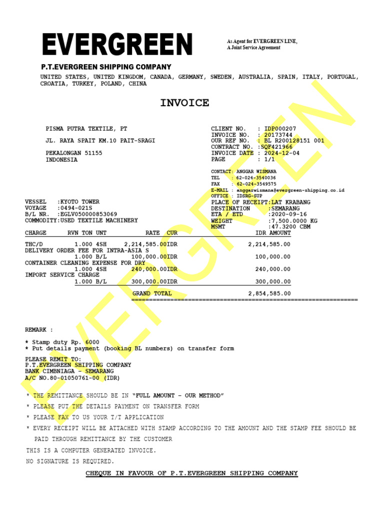 Evergreen Shipping Company | PDF | Payments