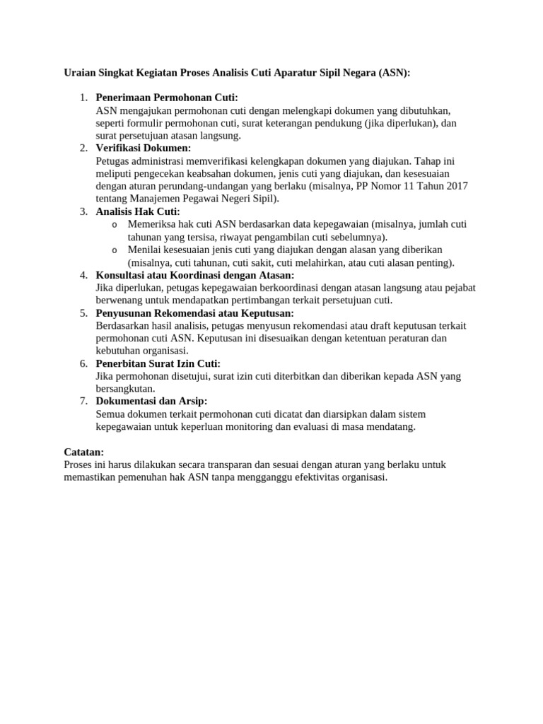 Uraian Singkat Kegiatan Proses Analisis Cuti Aparatur Sipil Negara | PDF