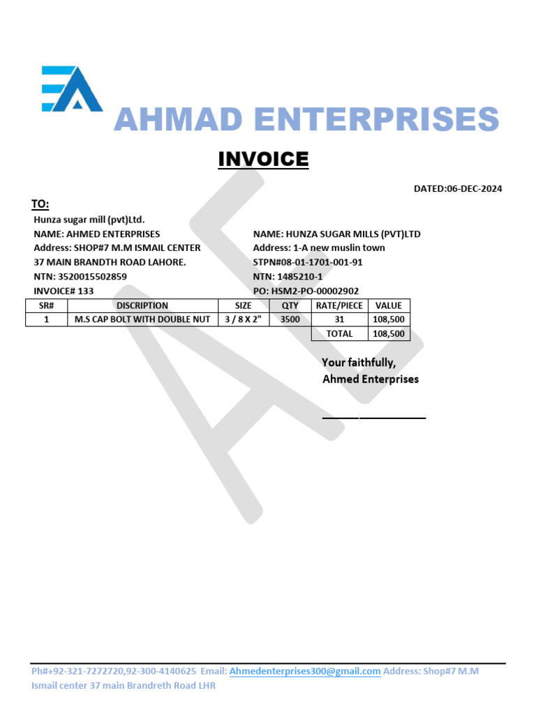 Invoice # 133 Hunza Sugar Unit 2 | PDF