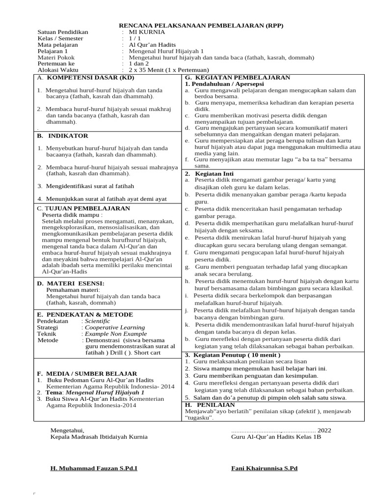 Contoh RPP A. Hadits Satu Lembar SD-MI Kelas 1 Semester 1 | PDF